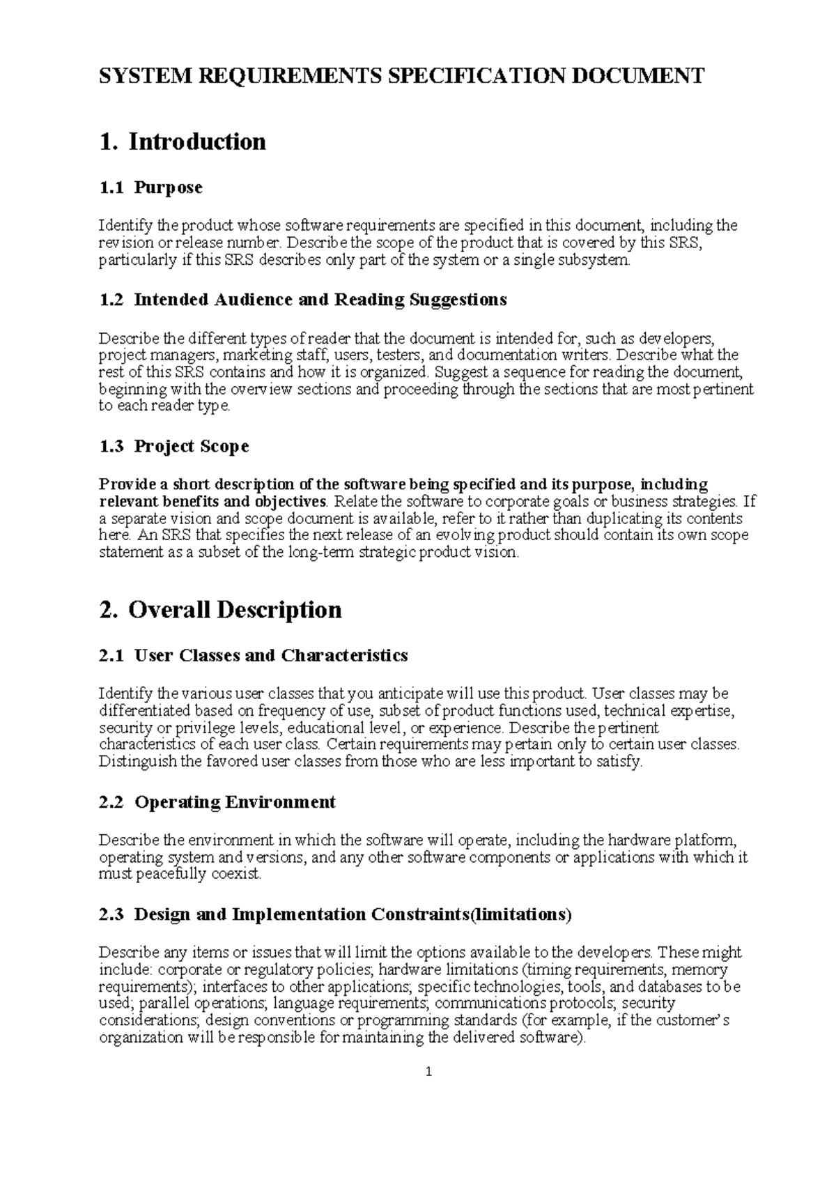 System Requirements Specification (SRS) Guide for Development - Studocu
