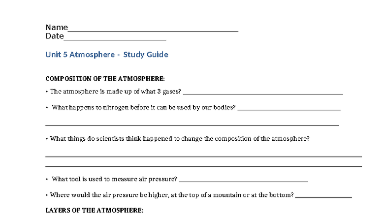 Unit 5 Atmosphere Study Guide: Composition, Layers, and Weather - Studocu