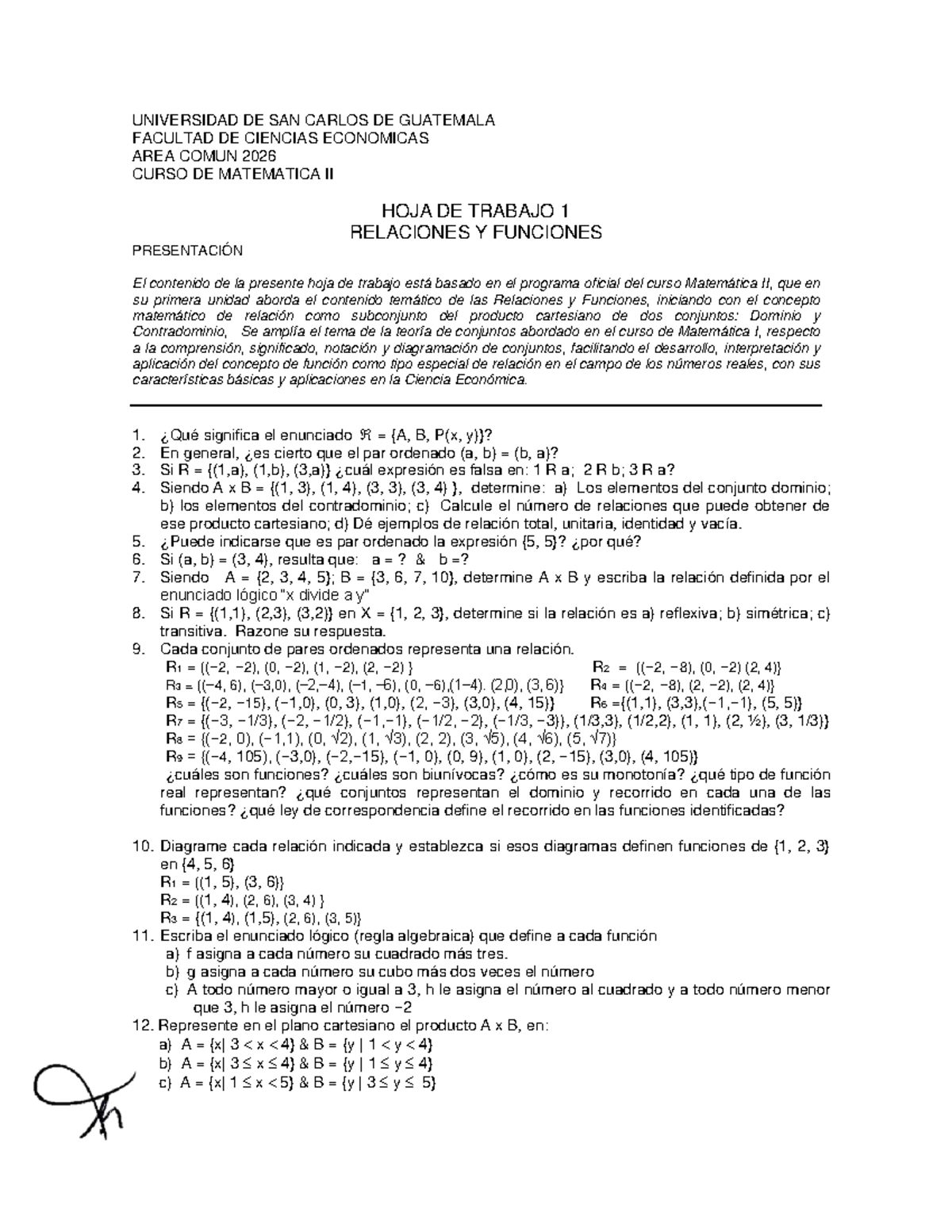 MII 2026 Hoja de Trabajo 1: Relaciones y Funciones - Studocu