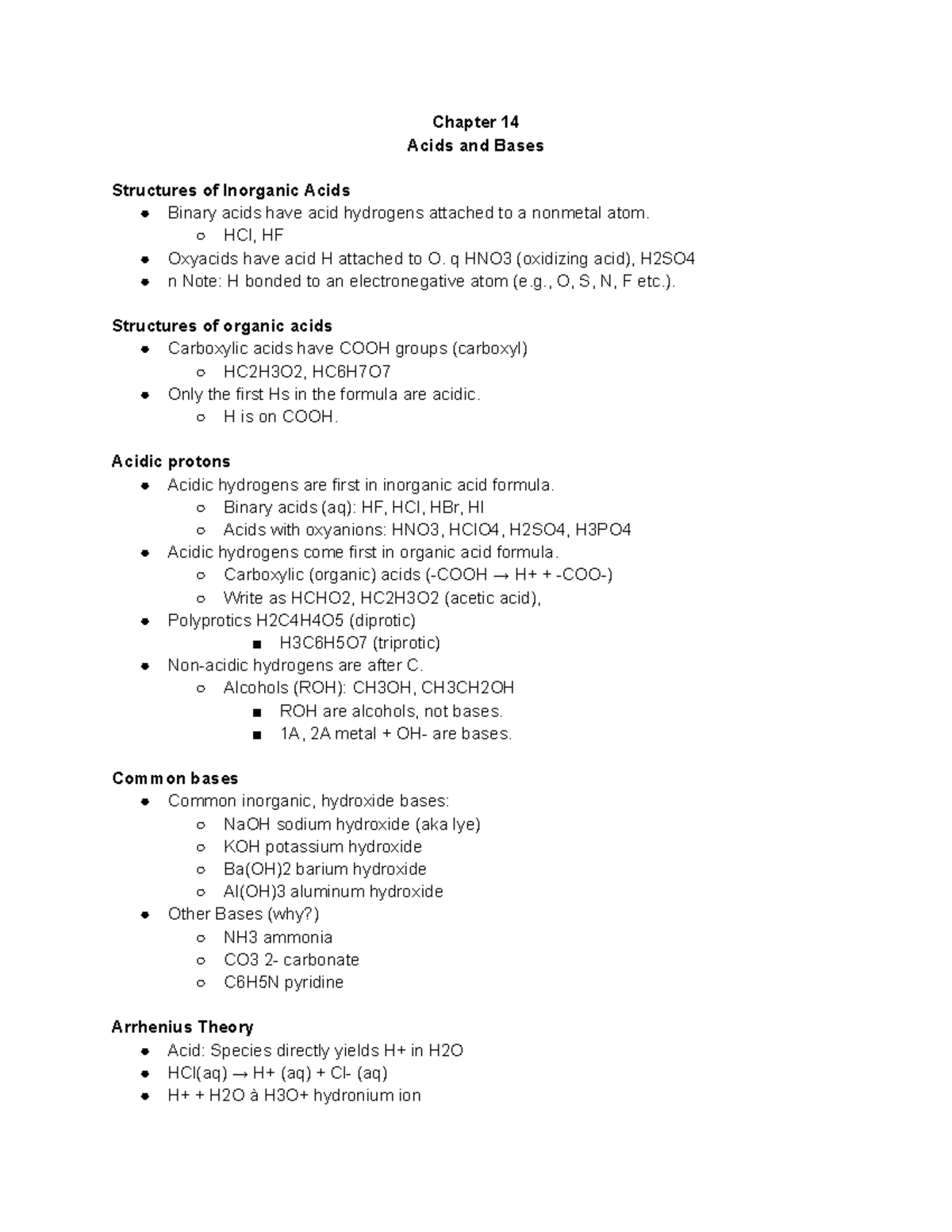 Chemistry 101: Chapter 14 - Acids and Bases Overview - Studocu