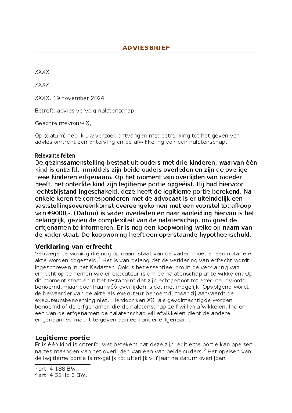 Adviesbrief over Legitieme Portie en Nalatenschap - Studeersnel