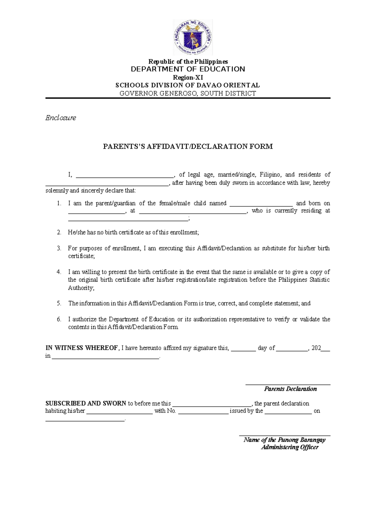 Parents Affidavit/Declaration Form for Enrollment Request - Studocu