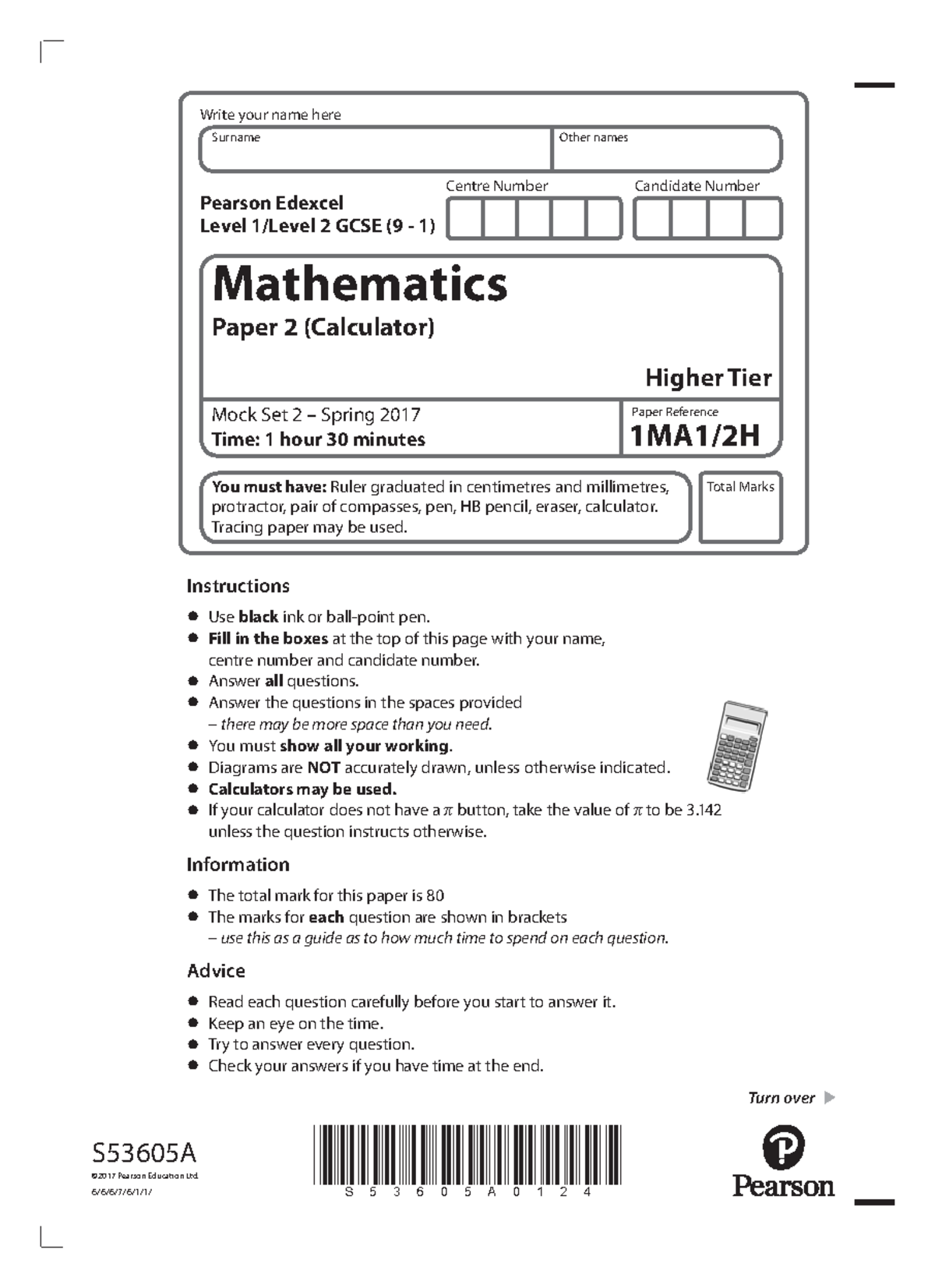 GCSE 1MA1 Paper 2H (Mock Set 2) - Higher Tier Mathematics Exam 2017 ...
