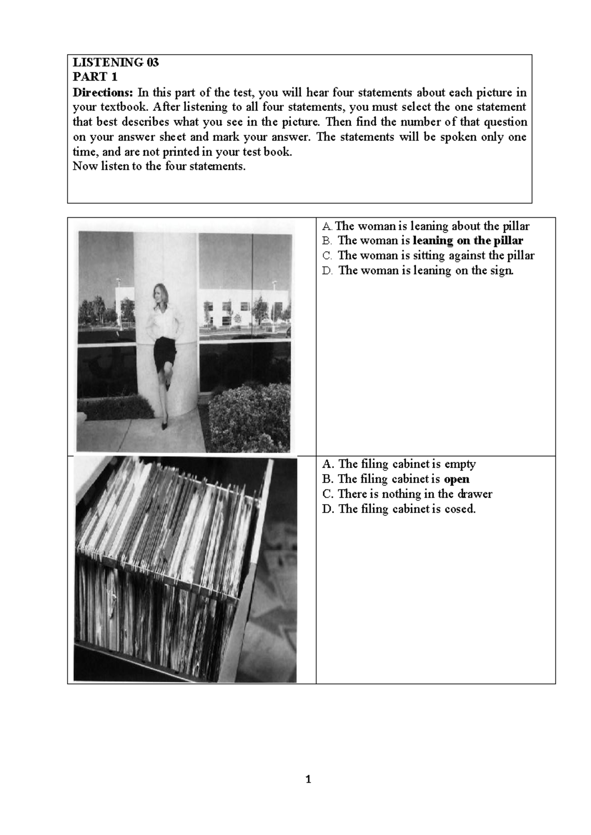 Listening 03 Part 1: Picture Descriptions and Conversations - Studocu