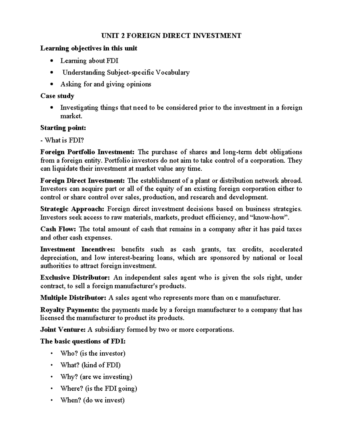 UNIT 2: FOREIGN DIRECT INVESTMENT - Key Concepts and Considerations ...