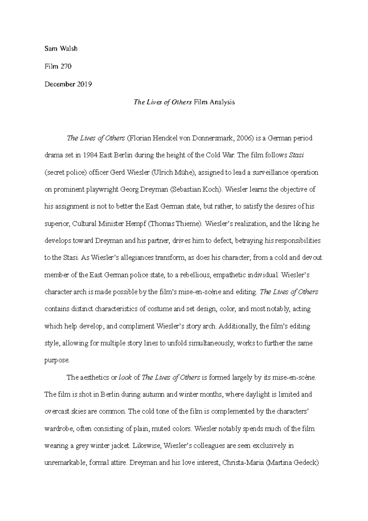 Film 270: The Lives of Others Final Essay Analysis by Sam Walsh - Studocu