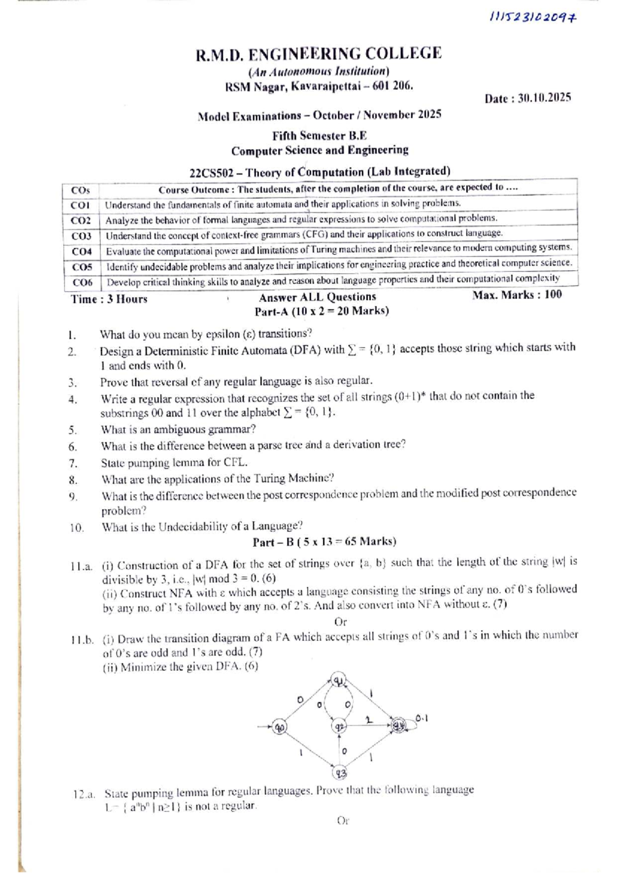 22CS502 Model Exam: Theory of Computation - 5th Sem B.E. - Studocu