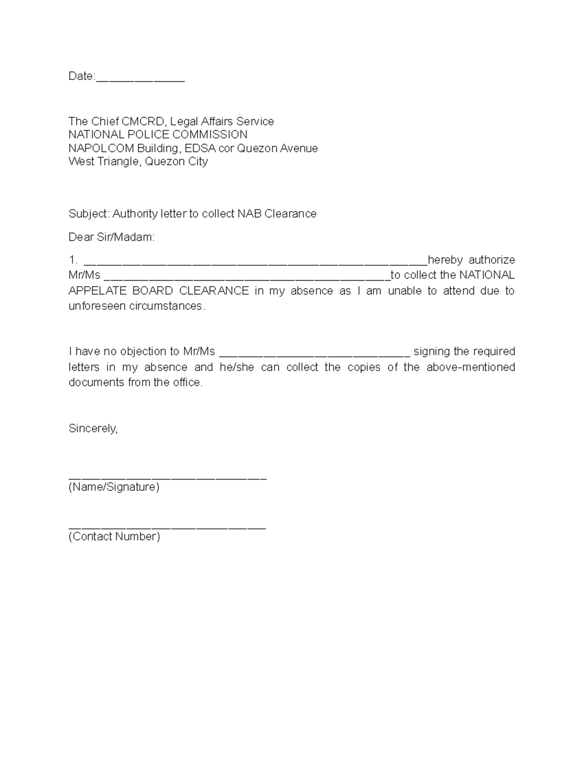 NAB Clearance Authority letter - Date:______________ The Chief CMCRD ...