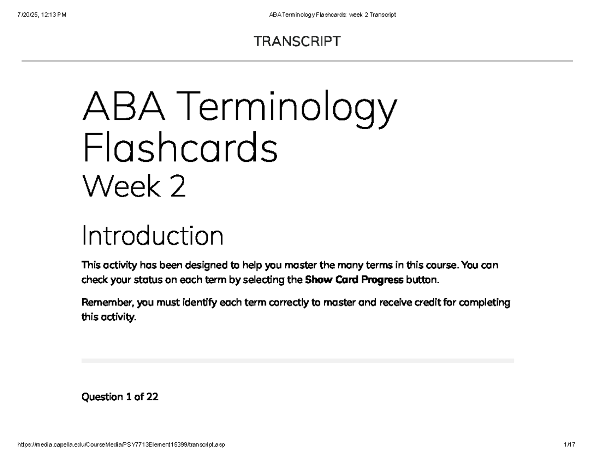 ABA Terminology Flashcards Week 2 Transcript 7713 Study Guide - Studocu