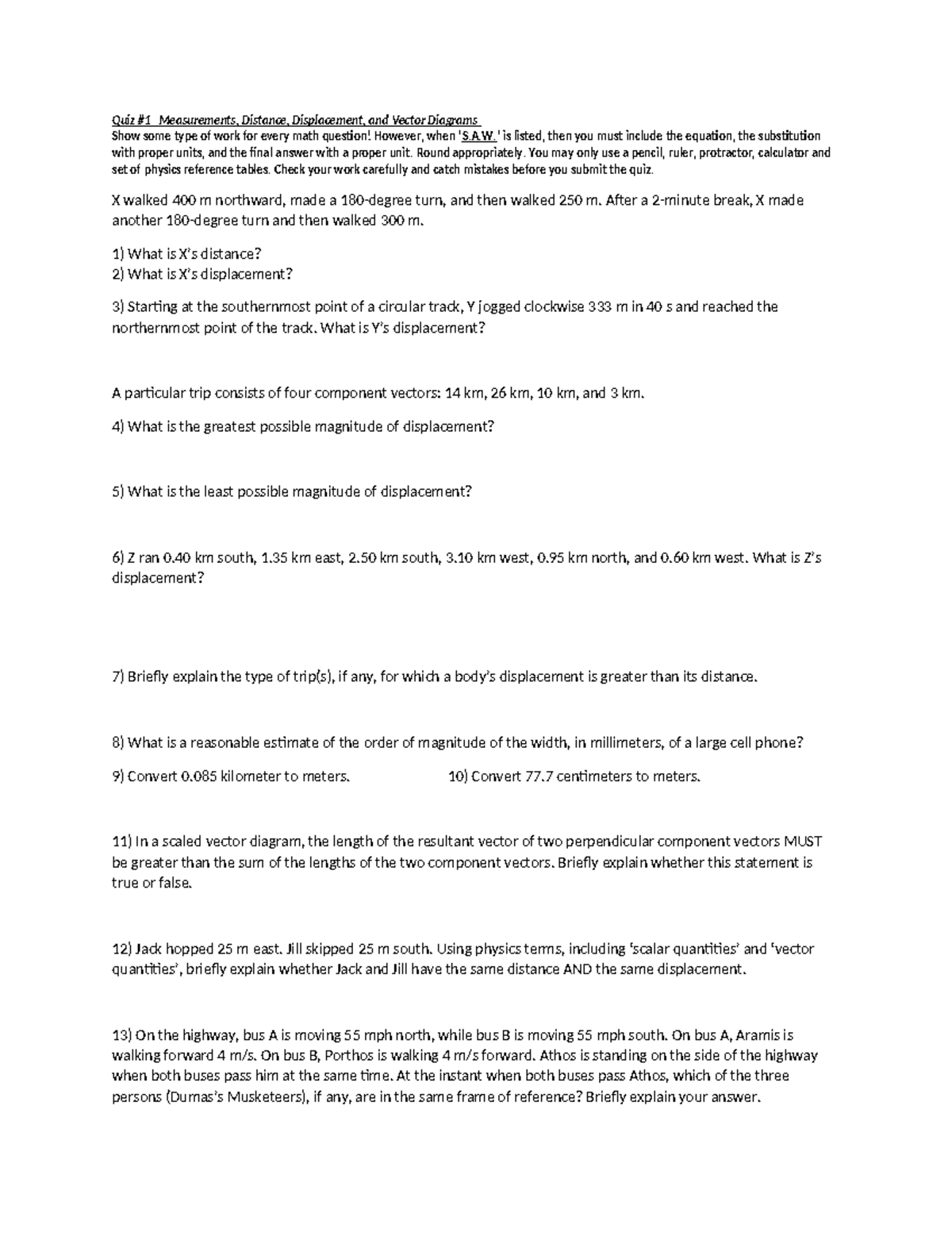 Physics Quiz 1: Measurements, Distance, Displacement & Vector Diagrams ...