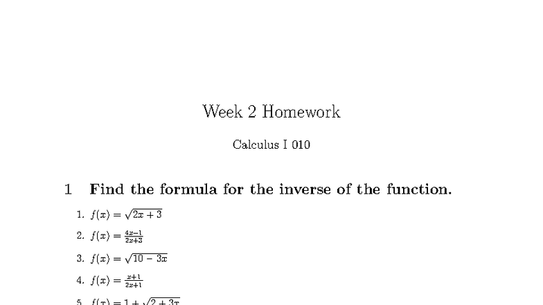 Calculus I 010 Week 2 Homework: Inverse Functions & Limits - Studocu
