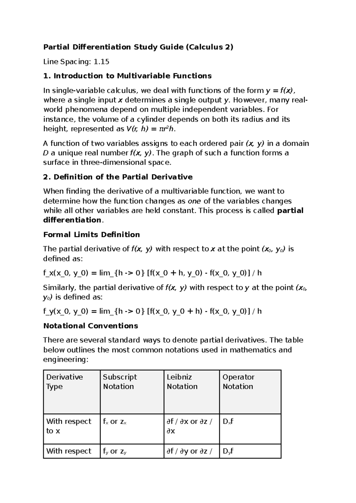 Partial Differentiation Study Guide (Calculus 2) - Studocu