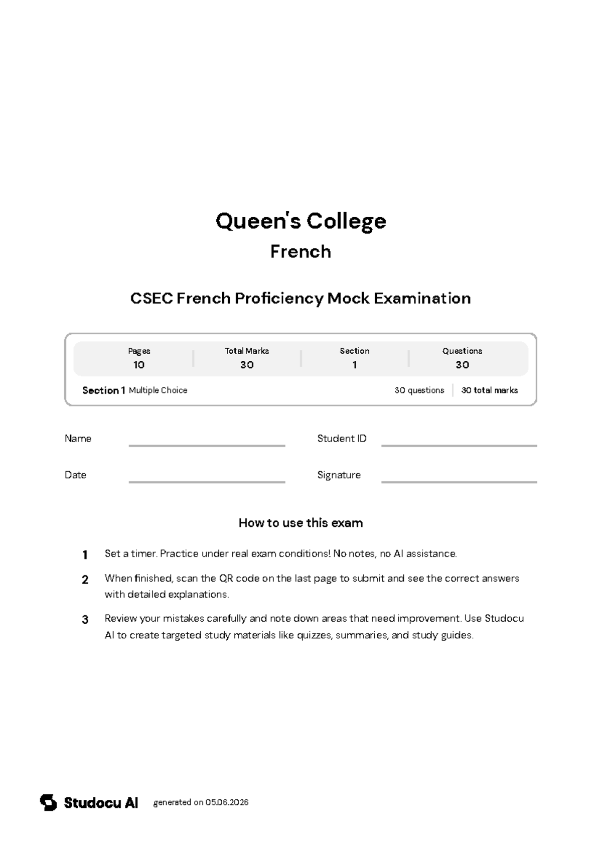 CSEC French Proficiency Mock Exam - Studocu