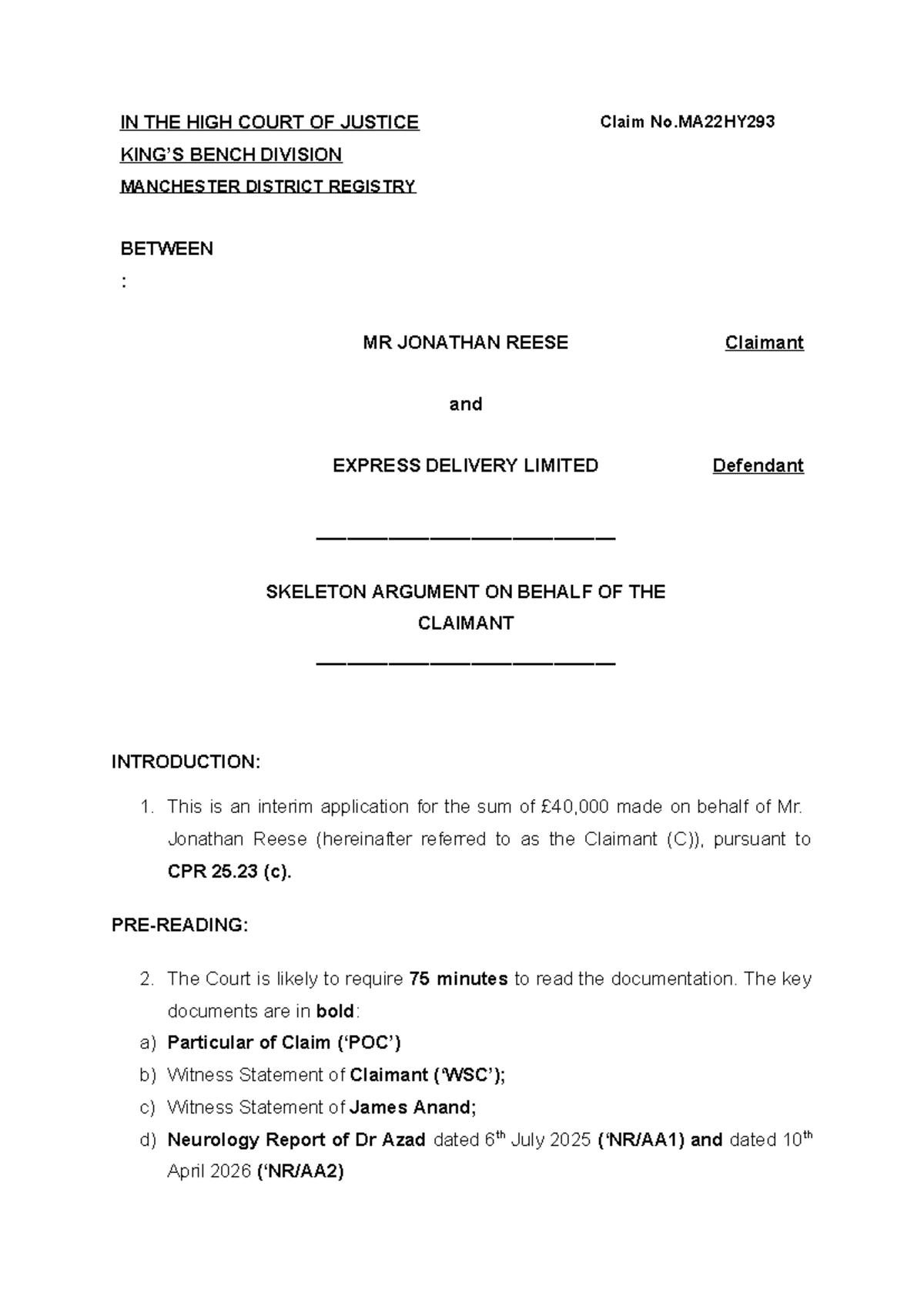 Skeleton Argument Submission for Claim No. MA22HY293 - Studocu