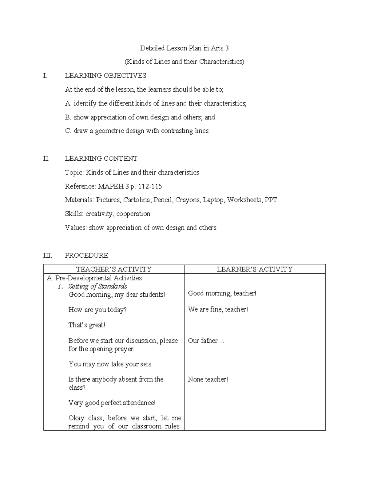 Detailed Lesson Plan in Arts 3: Kinds of Lines & Characteristics - Studocu