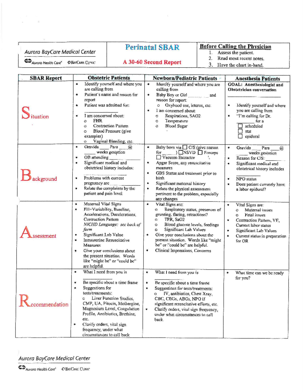 Perinatal sbar - Perinatal SBAR Before Calling the Physician Aurora ...