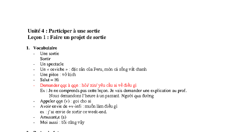 Unité 4 : Leçon 1 - Projet de Sortie et Vocabulaire - Studocu