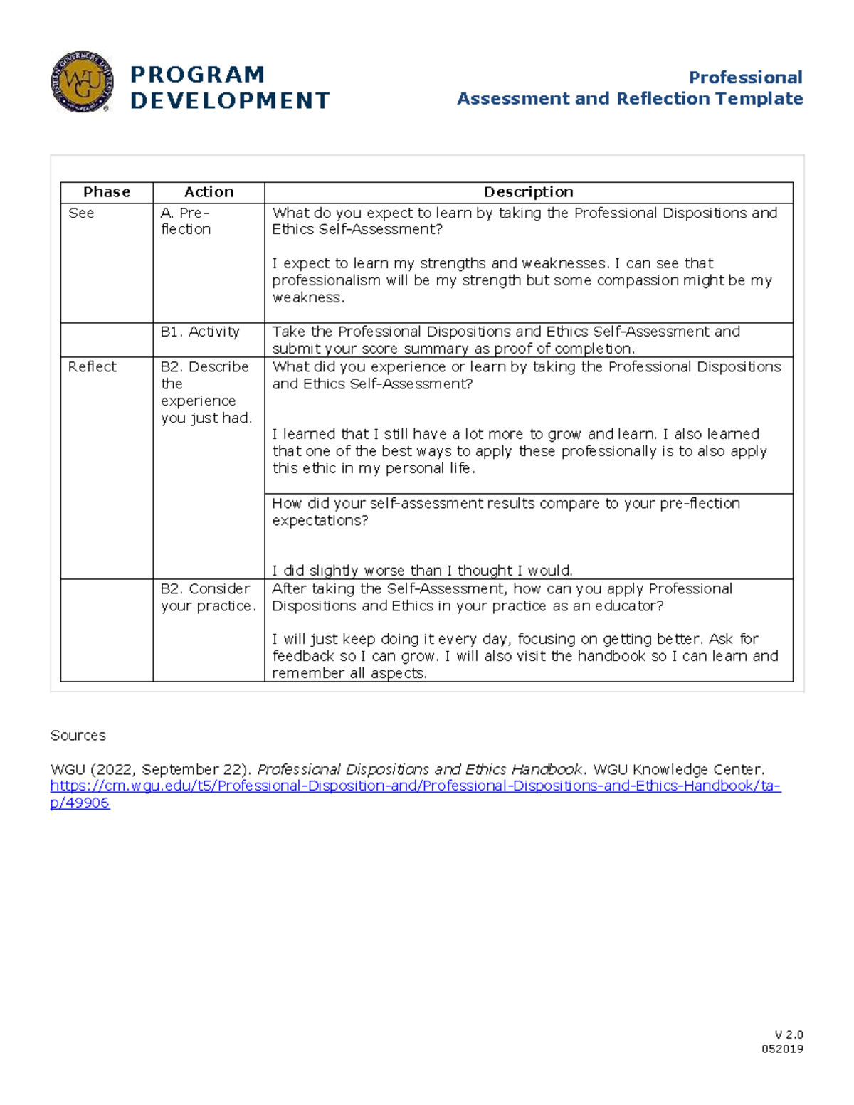 WGU PROGRAM Professional Dispositions & Ethics Reflection Template ...