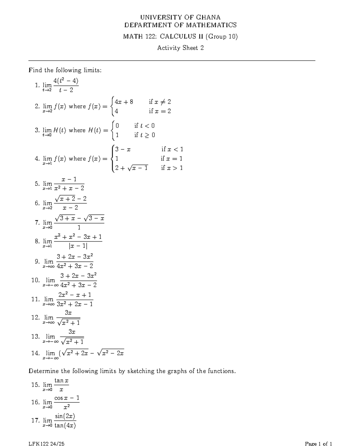 MATH 122: Calculus II - Activity Sheet 2 on Limits - Studocu