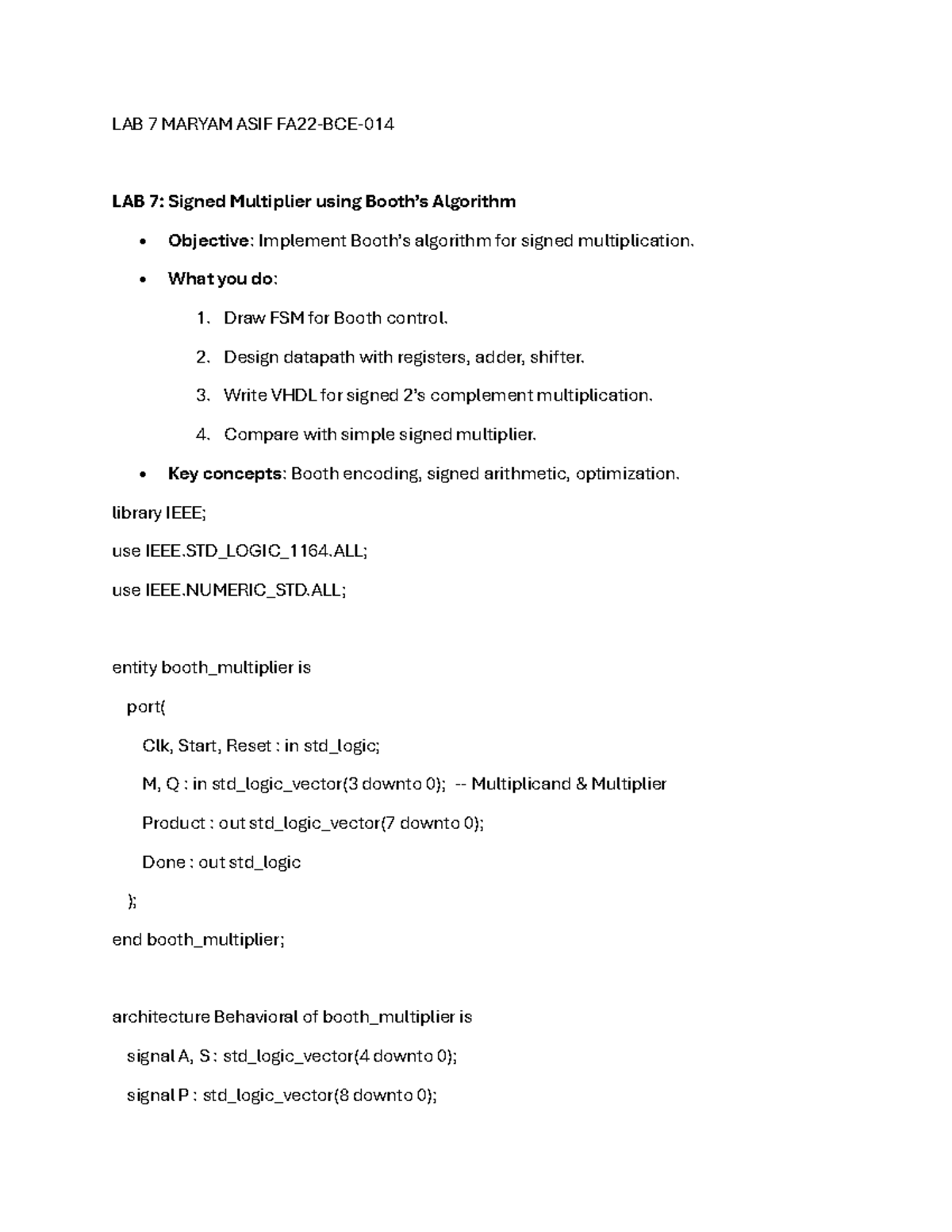 LAB 7: Signed Multiplier Implementation & Booth Algorithm Notes - Studocu