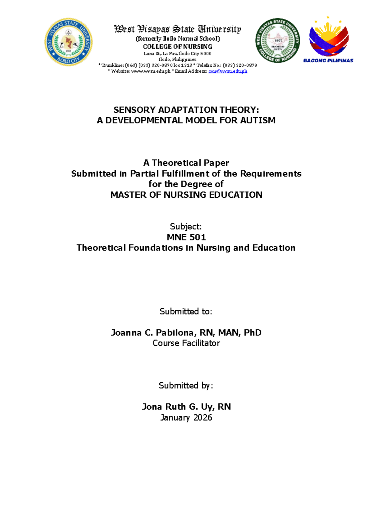 Sensory Adaptation Theory in Autism: A Developmental Model (MNE 501 ...