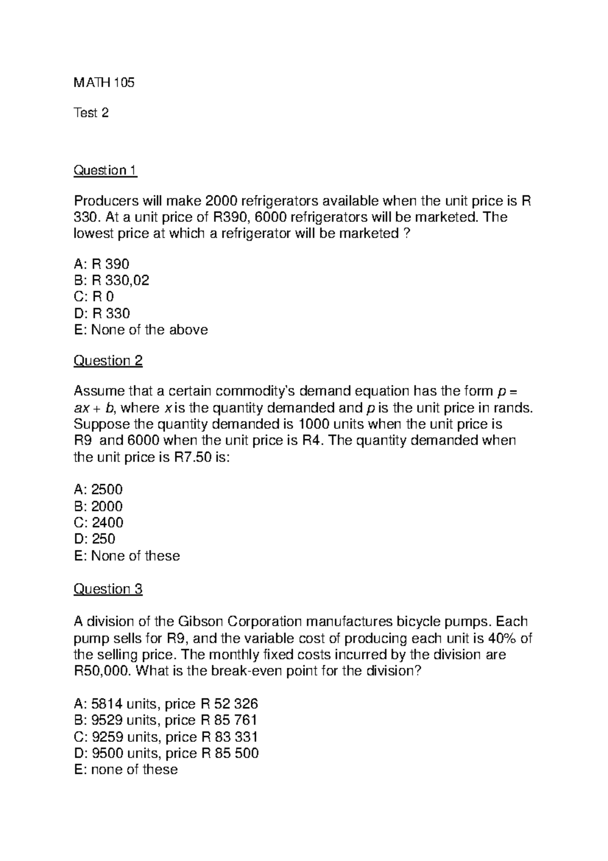 MATH 105 Test 2 Study Questions and Answers - 2015 - Studocu