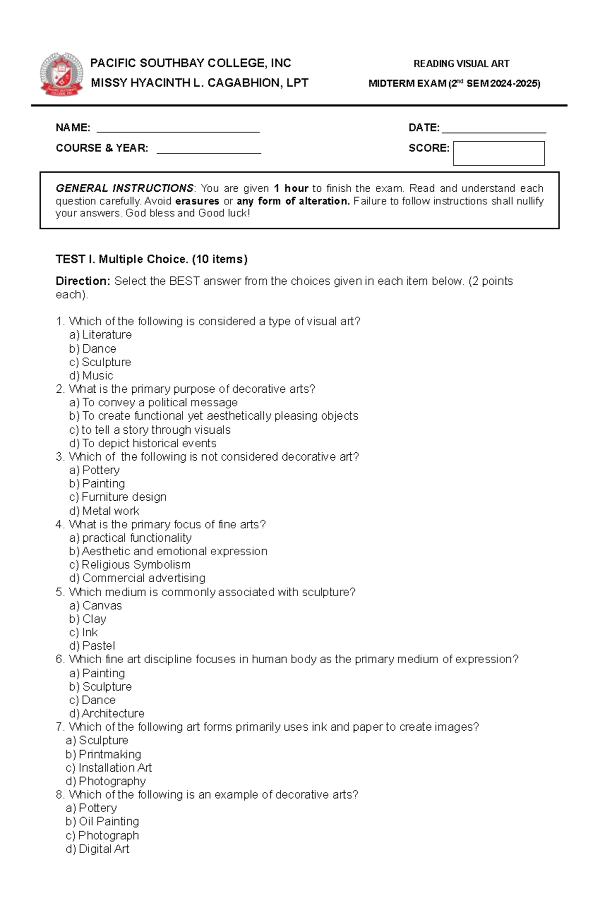 Reading Visual Art - Midterm Exam (Course Code: RVArt 2024-2025) - Studocu