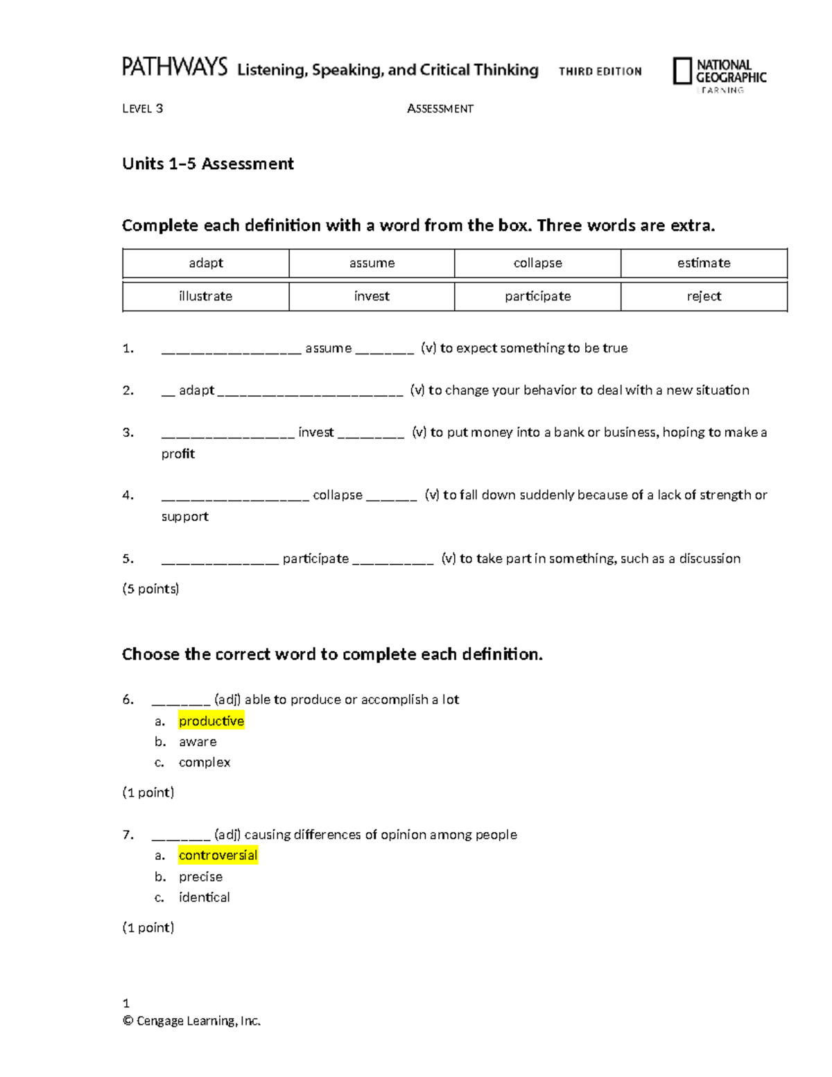 Pathways LS 3e L3 Assessment: Units 1-5 Vocabulary & Listening - Studocu