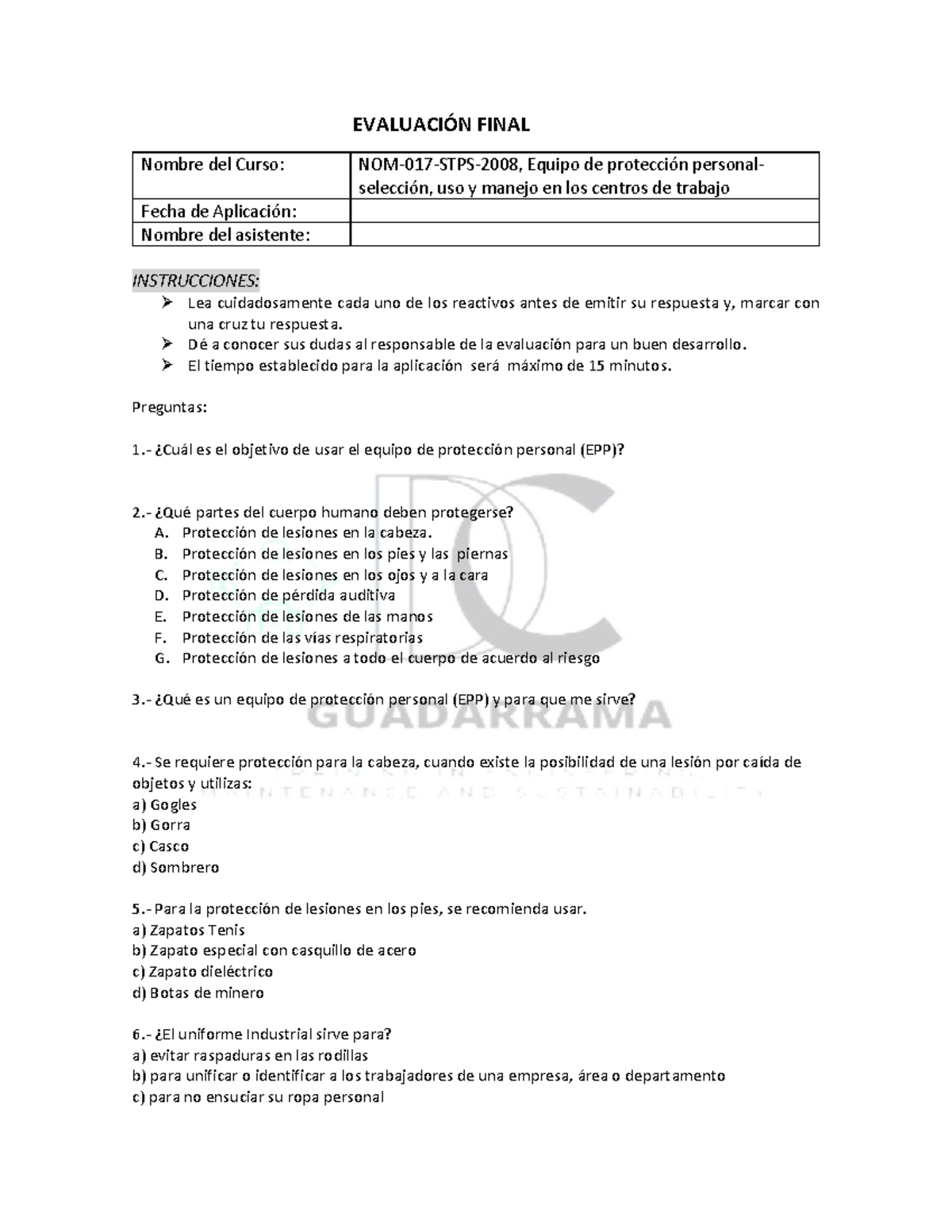 Examen Final EPP: Evaluación General sobre Protección Personal - Studocu