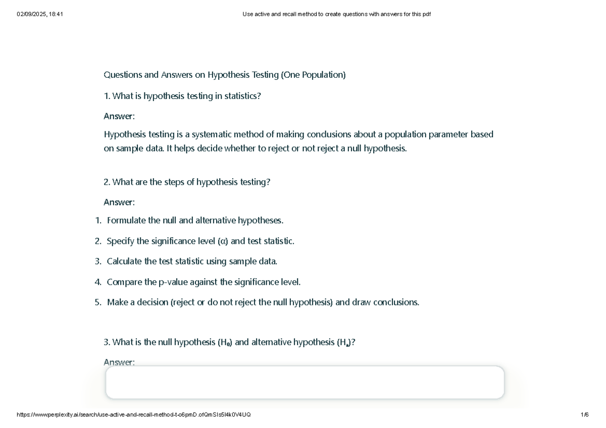 STTN 124 Hypothesis Testing: Active & Recall Q&A Guide - Studocu