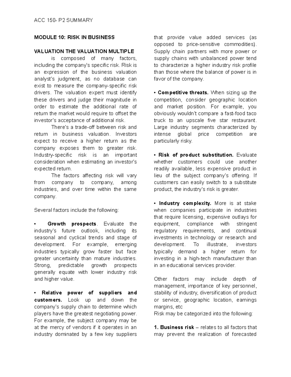ACC 150 P2 Summary - reviewer - MODULE 10: RISK IN BUSINESS VALUATION ...
