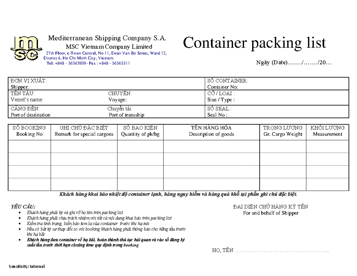 MSC Packing List Form for Container Shipment - Studocu