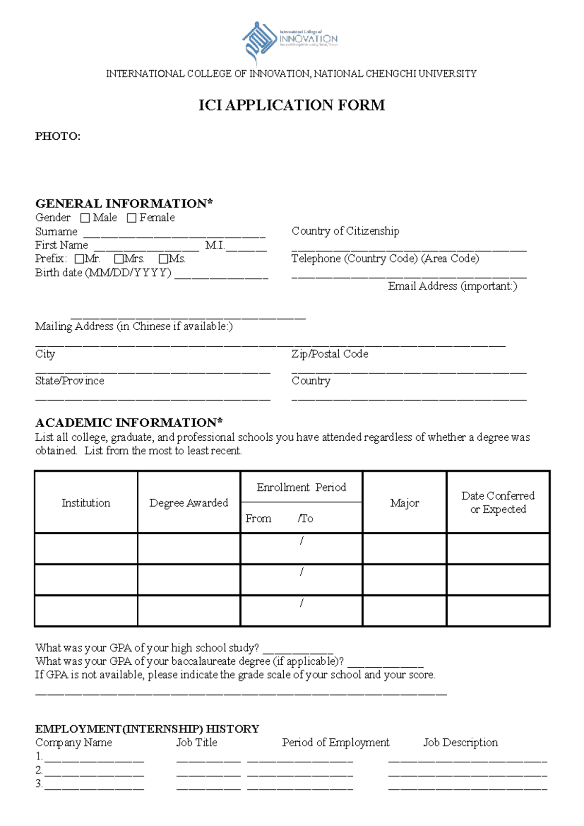 ICI Application Form - General Information and History - Studocu
