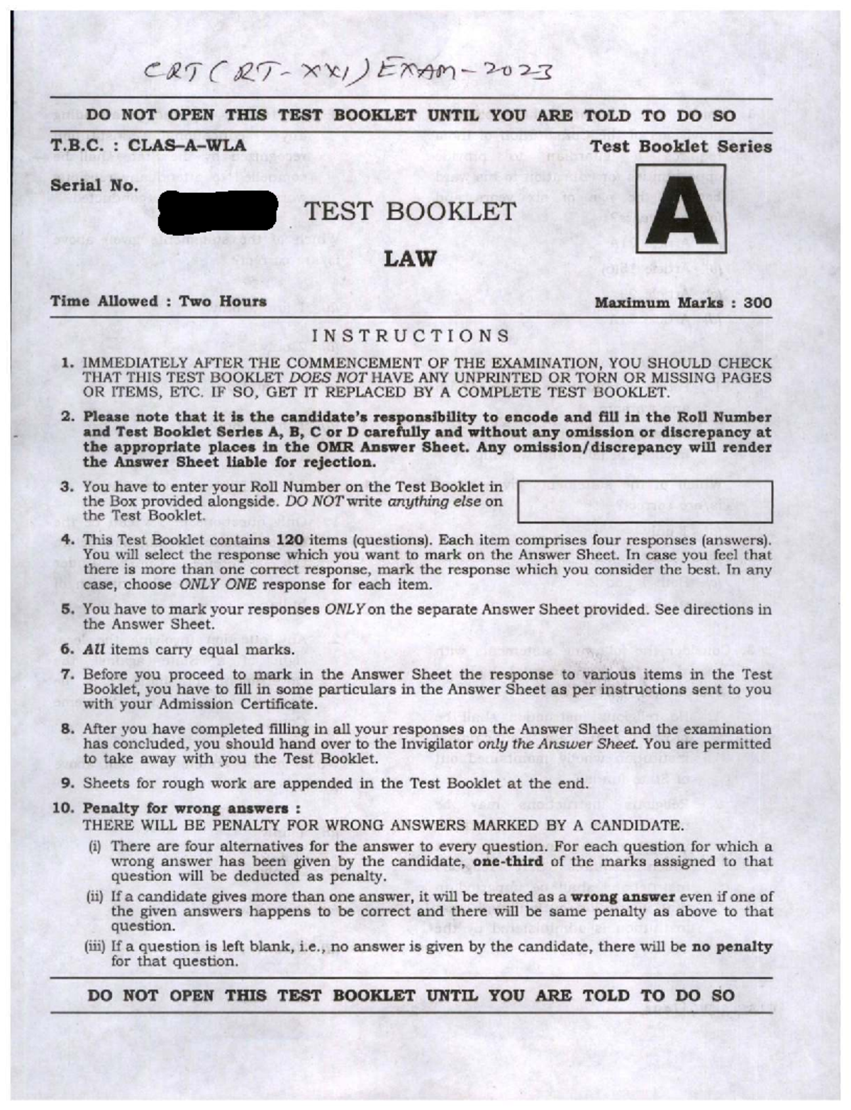 CRT LAW TEST BOOKLET A: Instructions and Examination Guidelines - Studocu