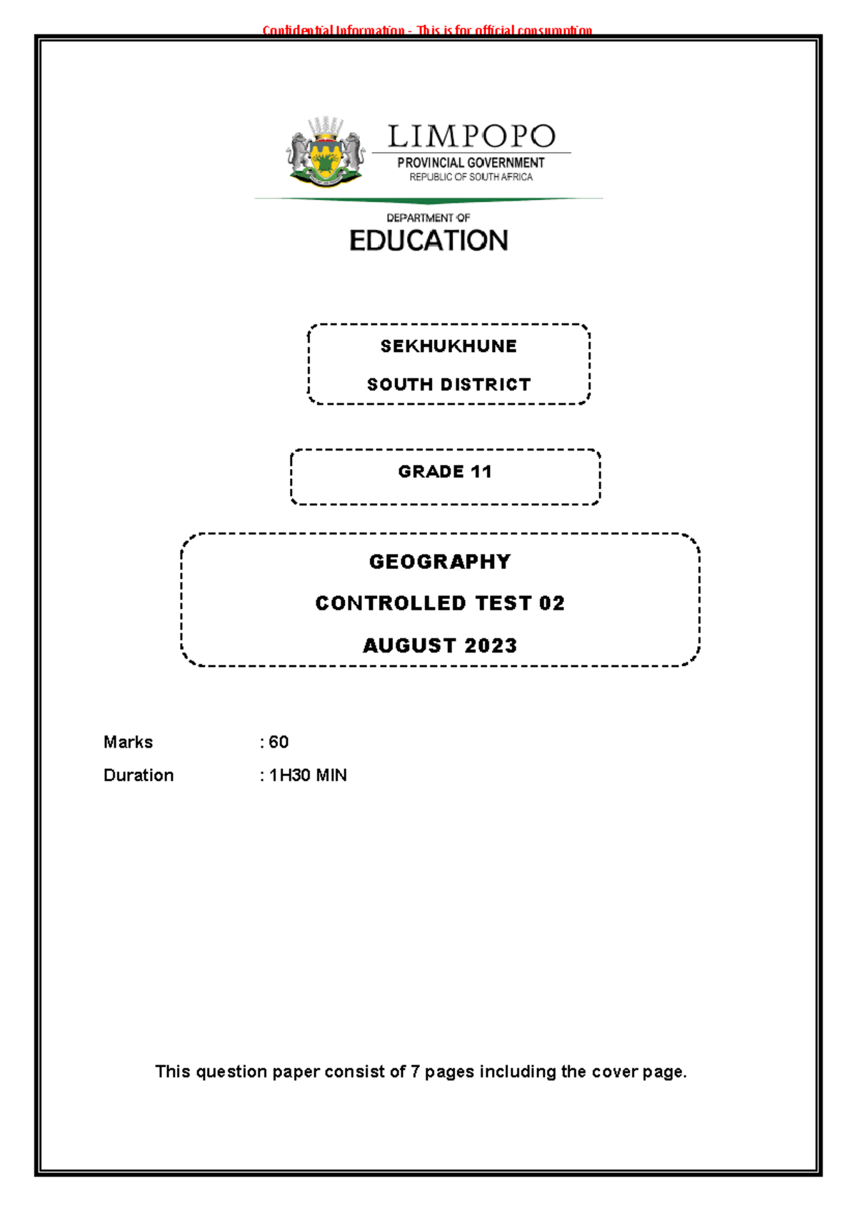 Grade 11 Geography Controlled Test 02 - August 2023 - Studocu