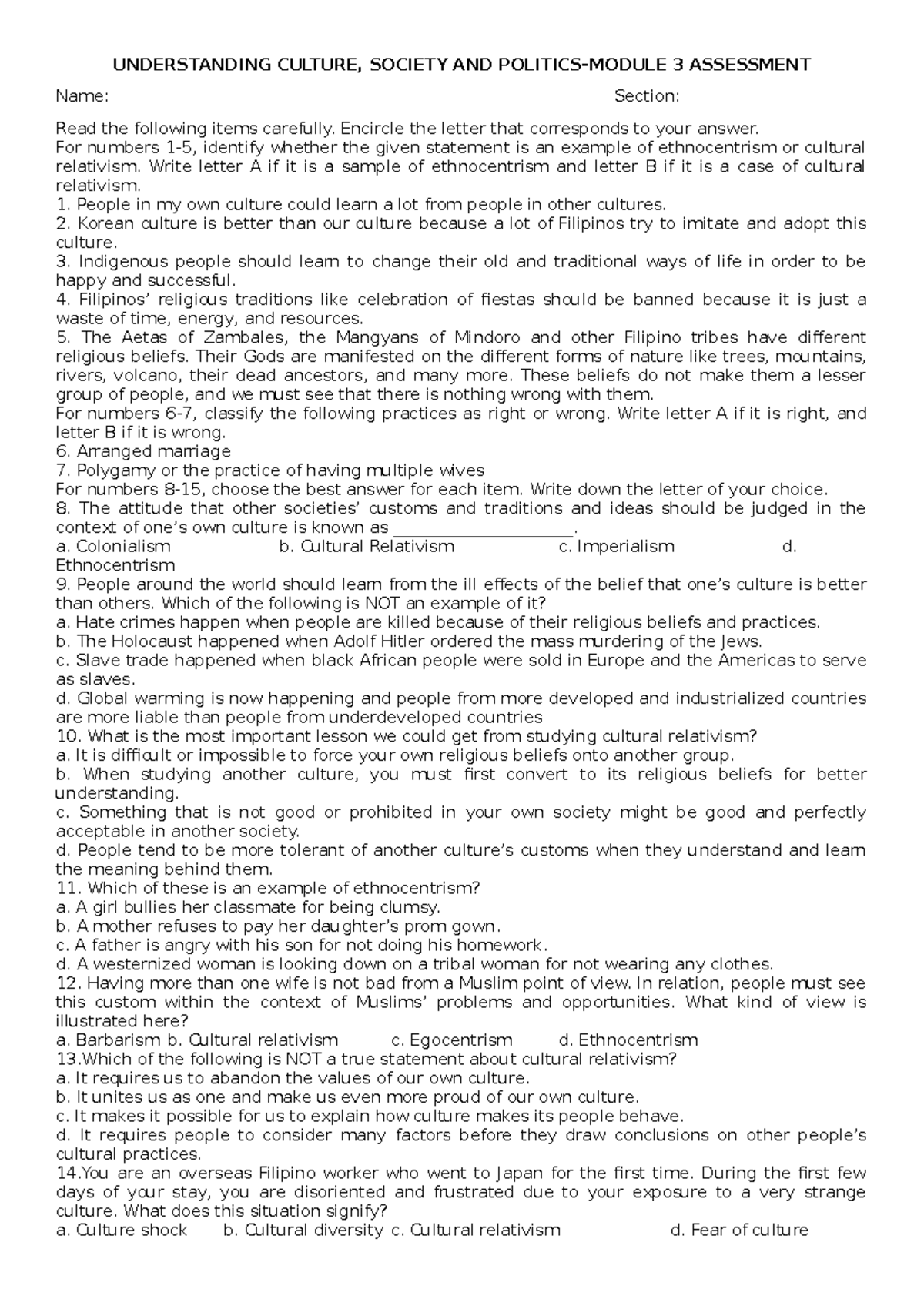 Understanding Culture Activity: Ethnocentrism vs. Cultural Relativism ...