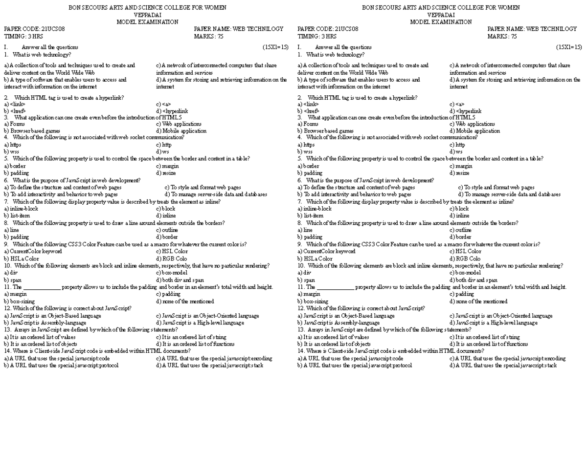 21UCS08 Model Exam - Web Technology Question Paper - Studocu