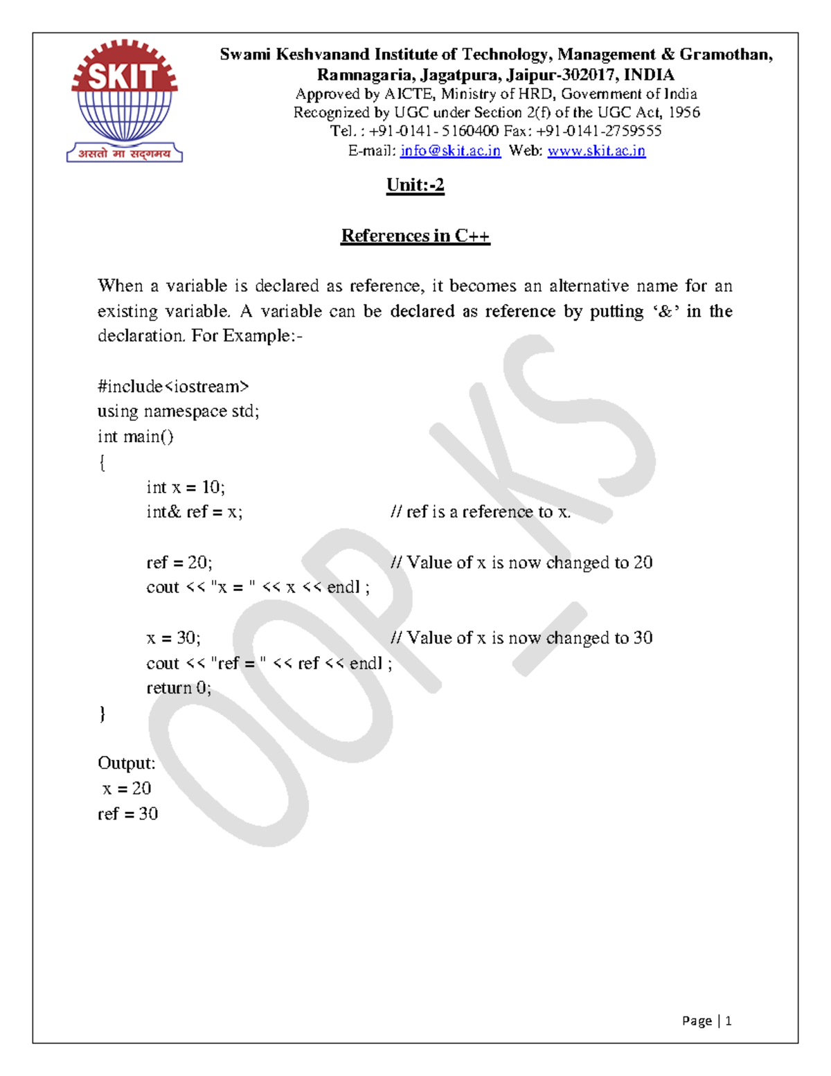 KS OOPs C++ Course file Unit No2 - Ramnagaria, Jagatpura, Jaipur- 302017 , INDIA Approved by ...