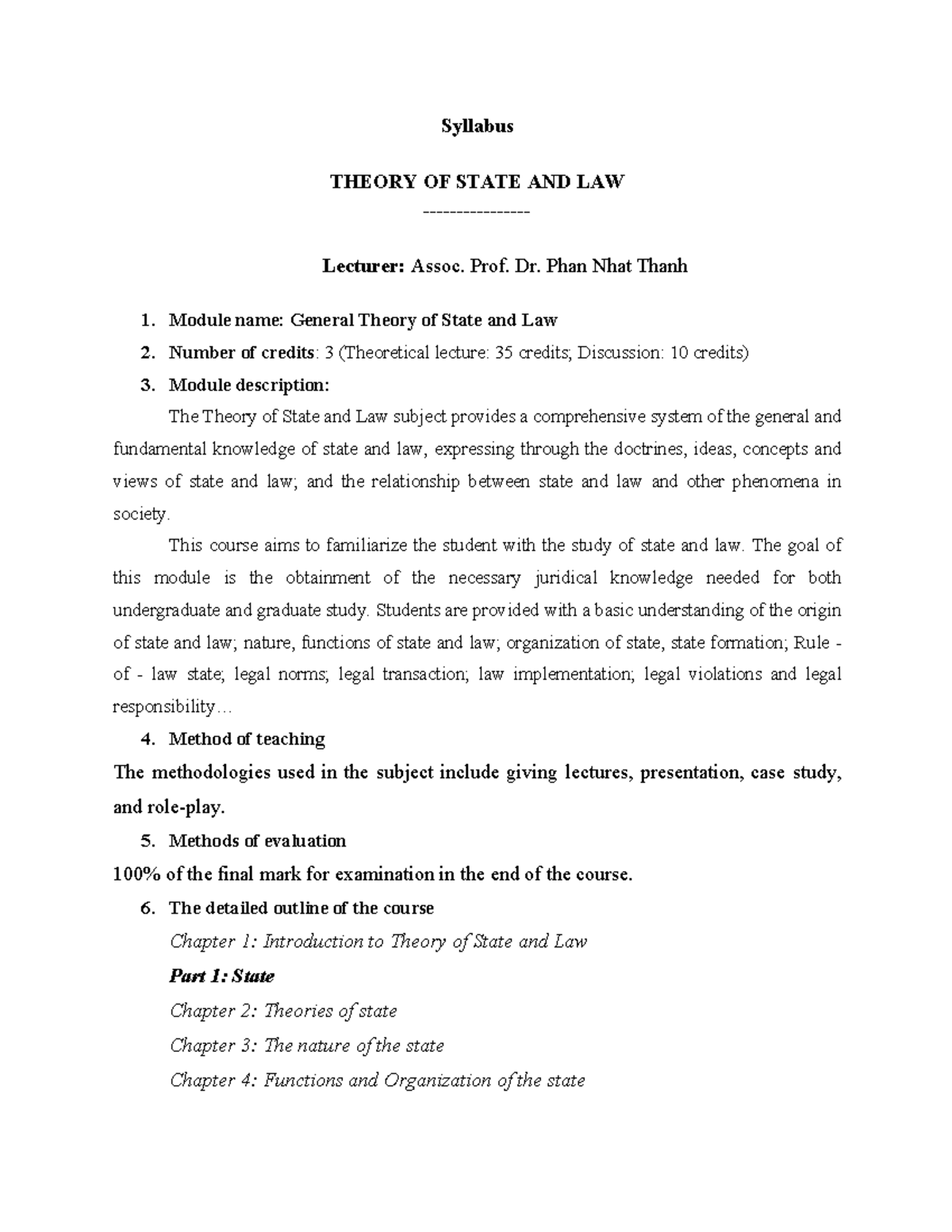 General Theory of State and Law - Syllabus by Assoc. Prof. Phan Nhat ...