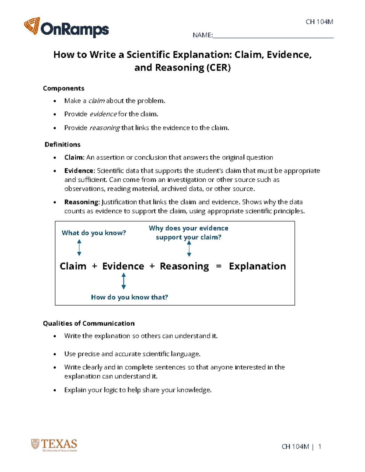 CH 104M Lab Handout: Claim, Evidence, and Reasoning (CER) Practice ...