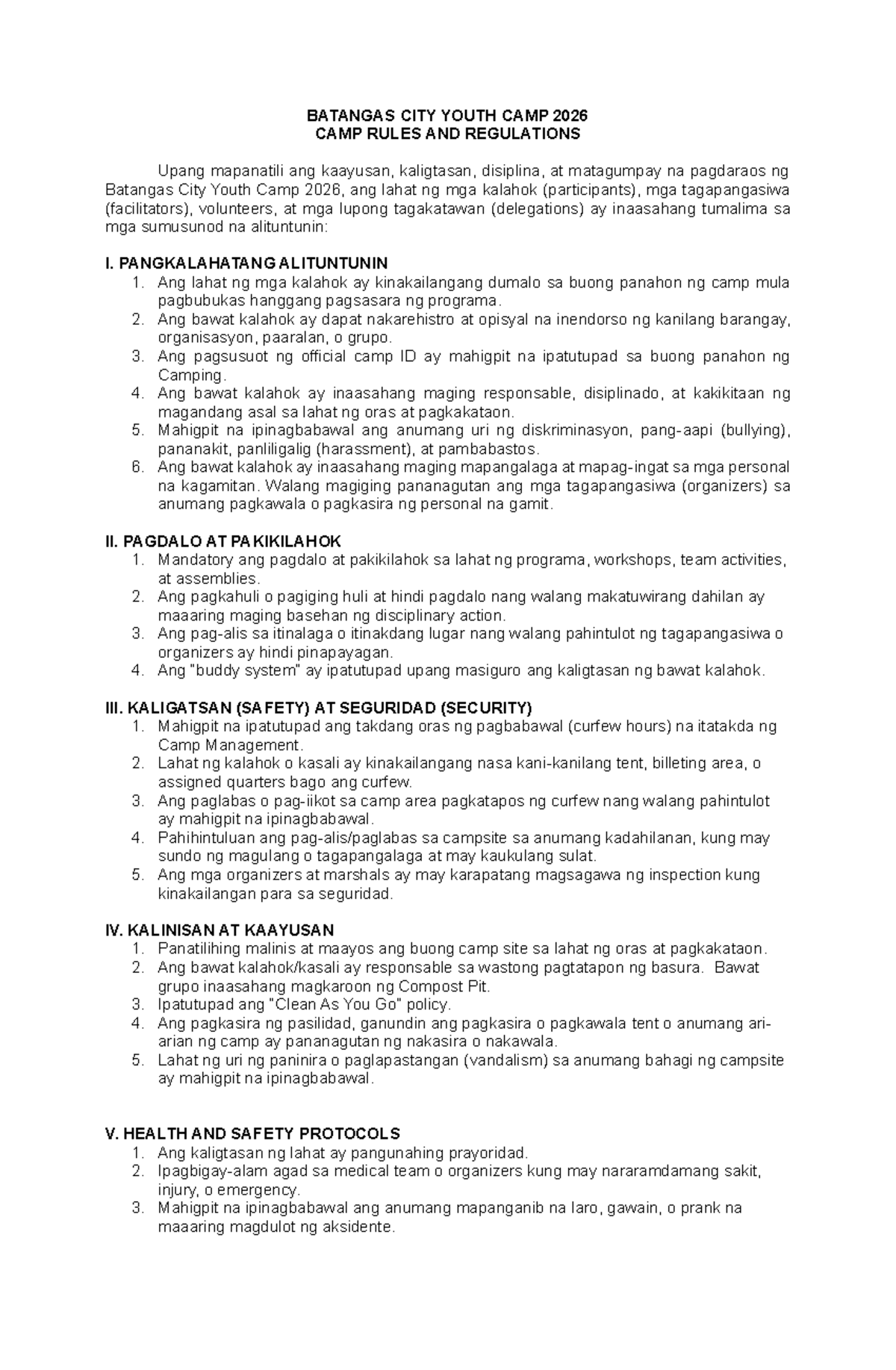 BATANGAS CITY YOUTH CAMP 2026: Camp Rules and Regulations - Studocu
