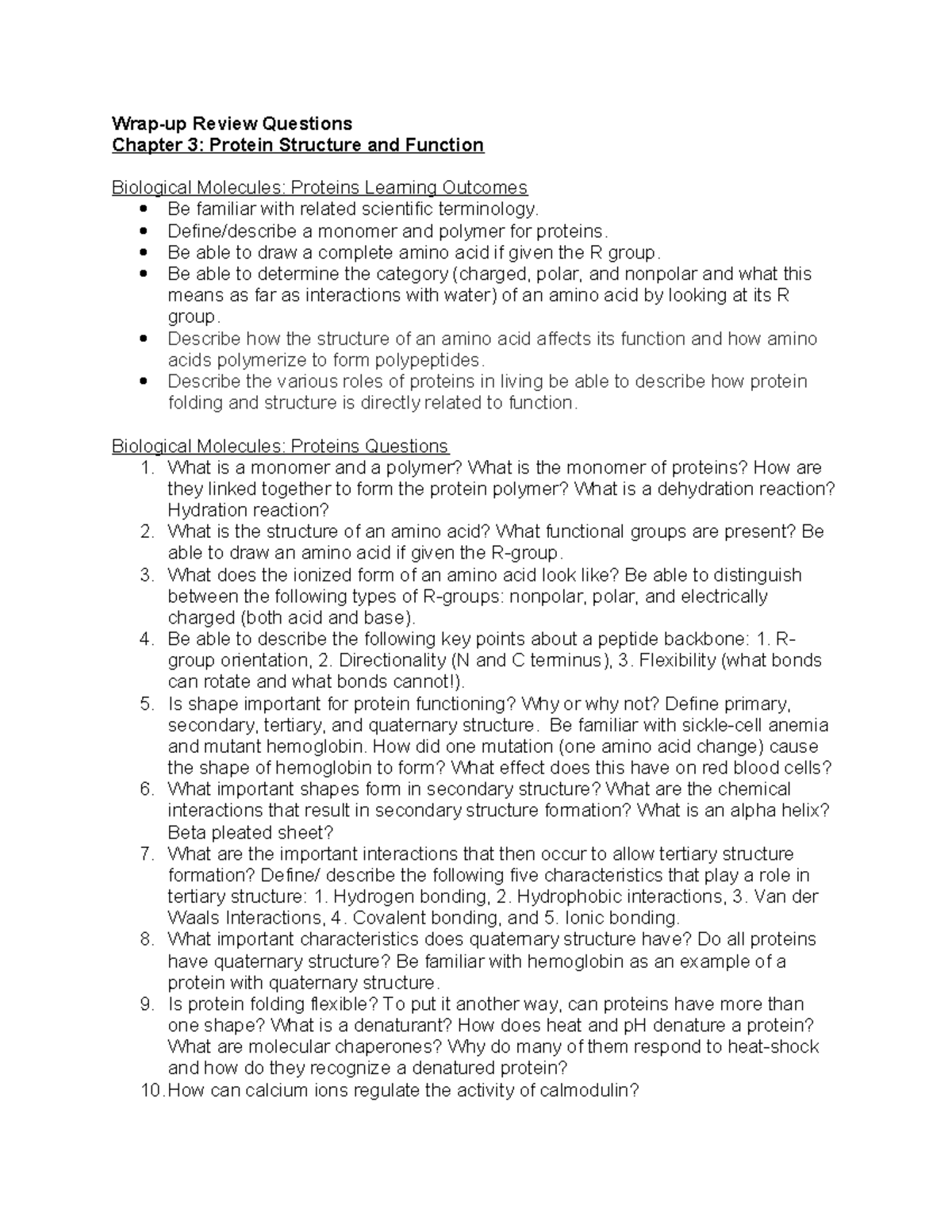 Wrap Up Review Proteins - Wrap-up Review Questions Chapter 3: Protein ...