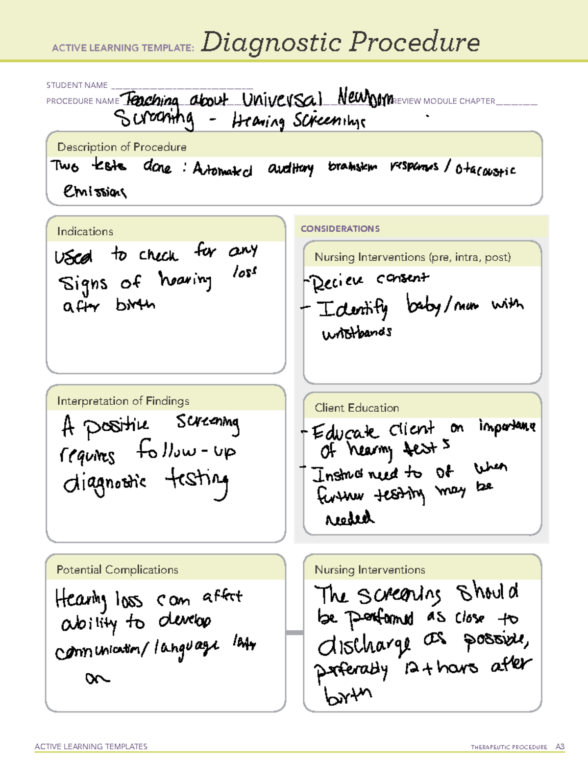 ATI Teaching: Universal Newborn Hearing Screening Procedures - Studocu