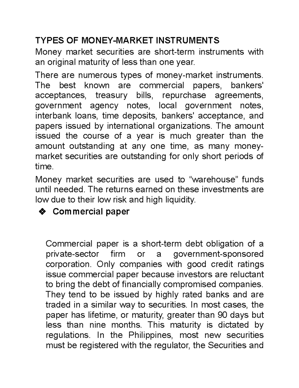 Types of Money-Market Instruments: An Overview of Key Concepts - Studocu