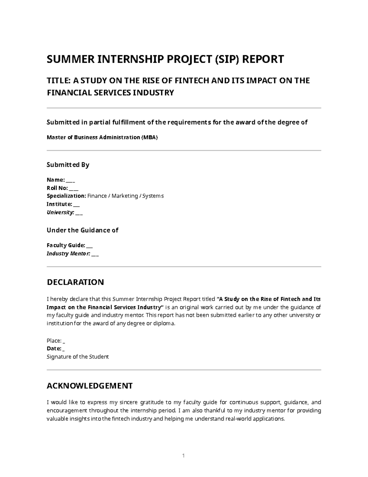 MBA SIP Report: The Rise of Fintech in Financial Services - Studocu