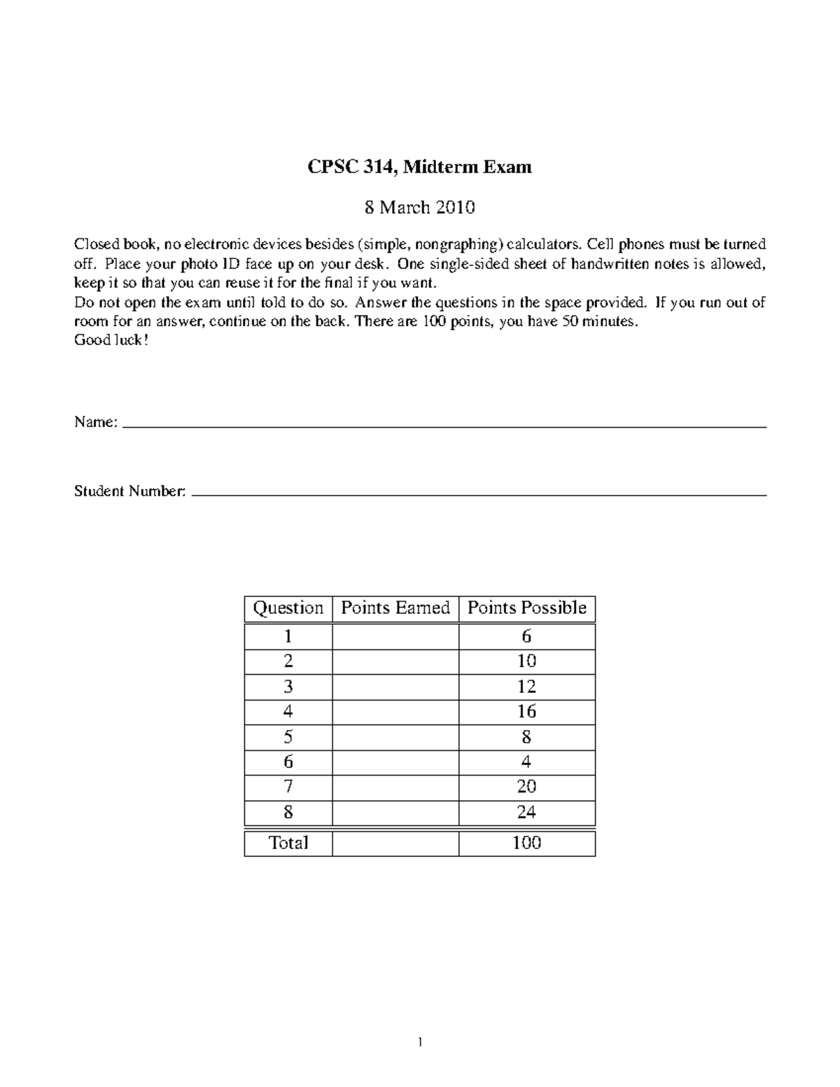 Midterm Exam computer graphic - CPSC 314, Midterm Exam 8 March 2010 ...