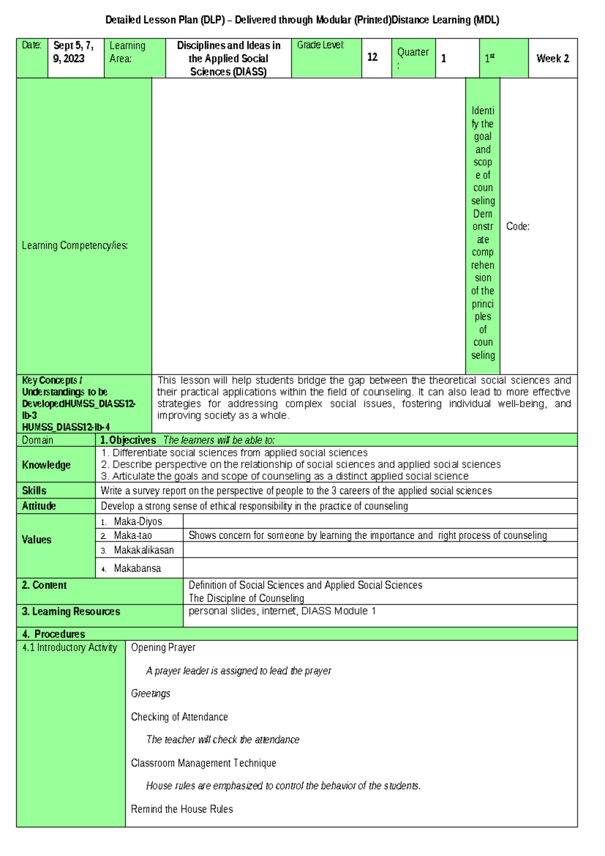 DIASS Grade 12 Week 2 Lesson Plan: Counseling Principles and Goals - Studocu