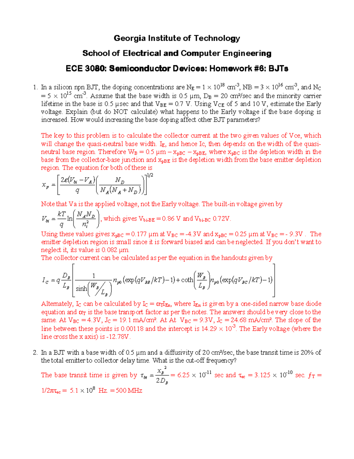 HW6 Solutions for ECE 3080: BJT Exam Practice & Calculations - Studocu