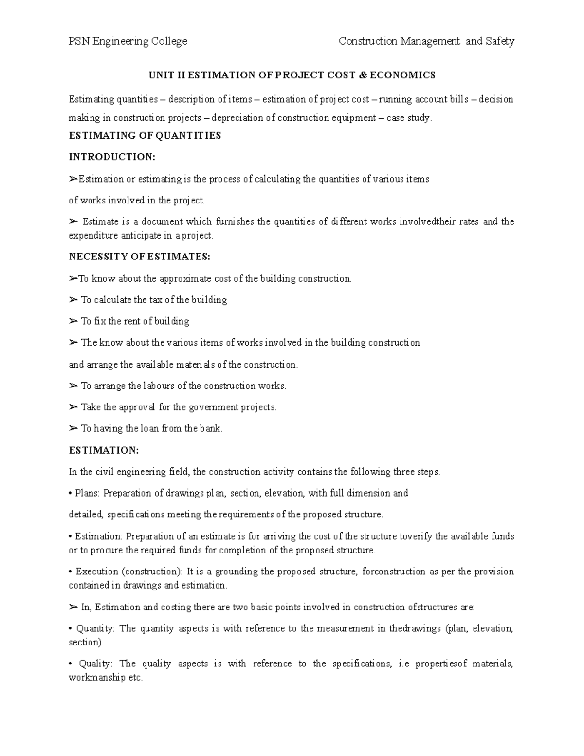 CMS CE3012 UNIT II Estimation of Project Cost & Economics Notes - Studocu