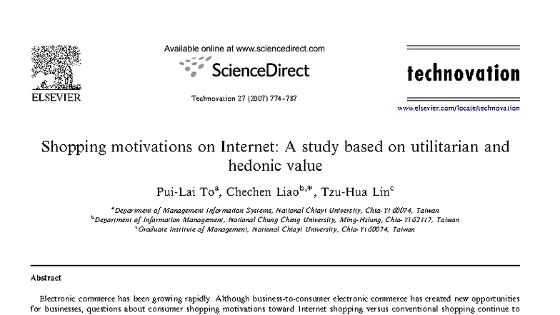 Shopping Motivations on Internet: Utilitarian vs. Hedonic Values (TECH ...